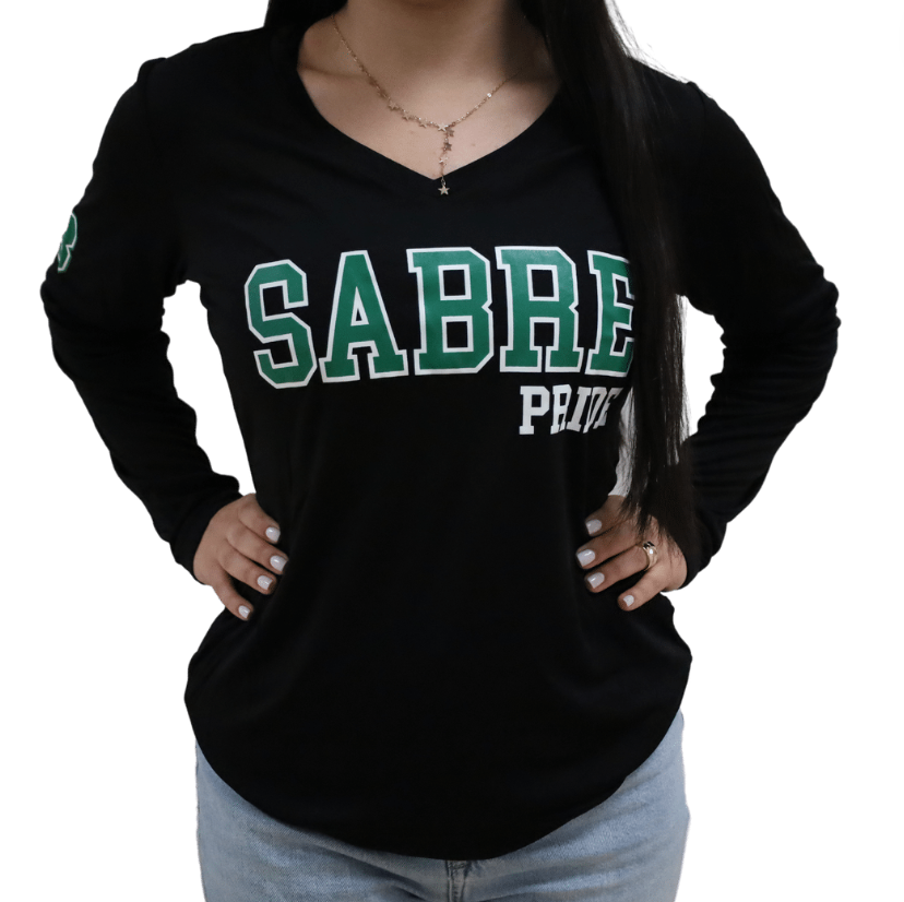 Ladies V-neck Sabre Pride LS Dri-fit | Black | Sabre Store | St. Brendan High School